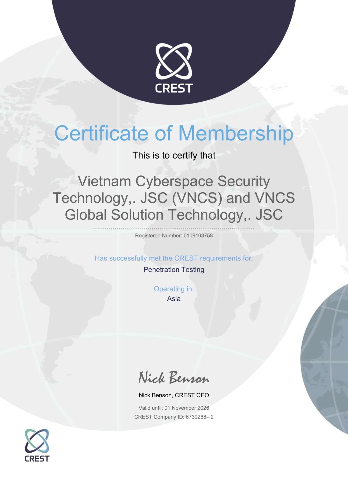 Dịch vụ kiểm thử ATTT của VNCS Global được CREST công nhận